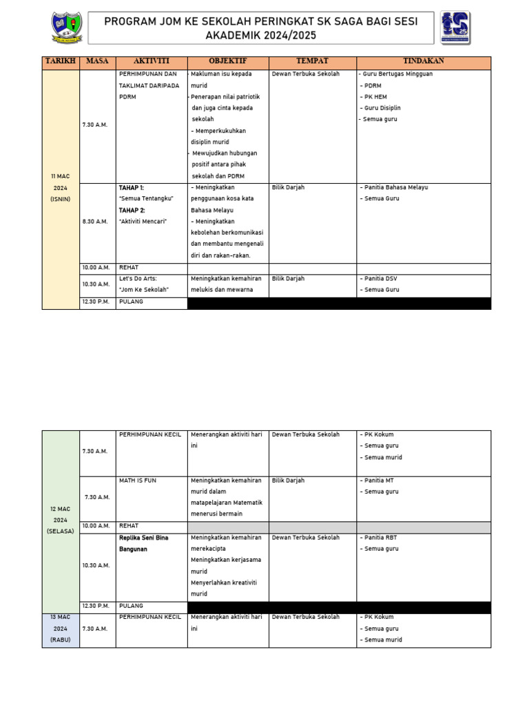 Jadual Minggu Pertama - Program Jom Ke Sekolah | PDF