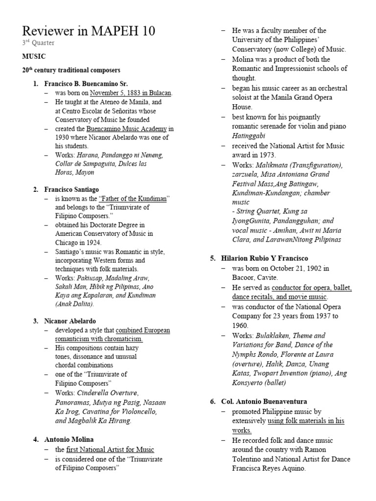 Filipino Composers in MAPEH 10 | PDF | Social Science | Classics