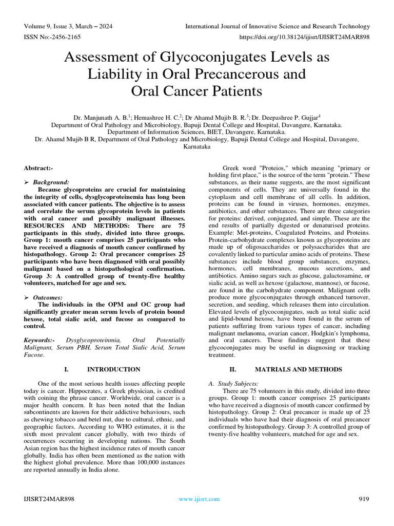 Assessment of Glycoconjugates Levels as Liability in Oral Precancerous ...
