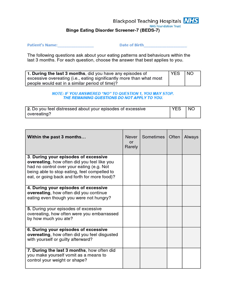 Binge Eating Disorder 7 Screener BED 7 | PDF | Self-Improvement