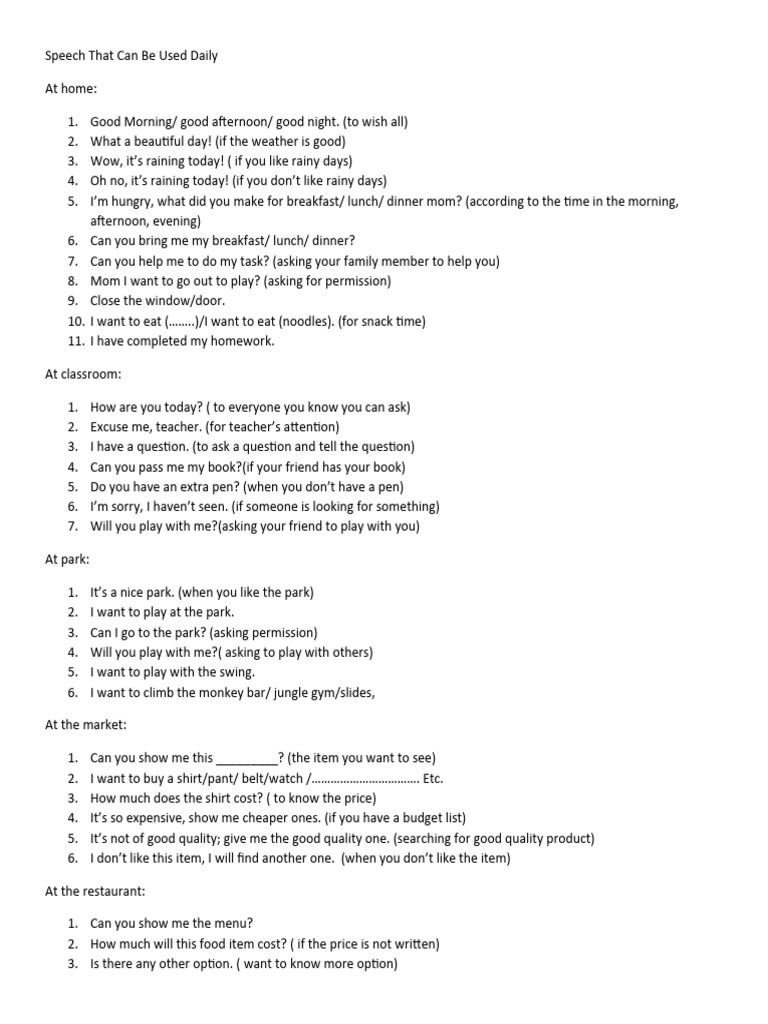 Speech That Can Be Used Daily | PDF | Cooking, Food & Wine | Self ...