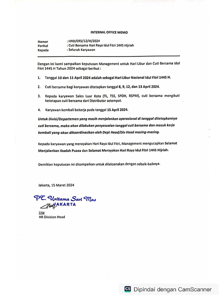 Internal Memo Libur | PDF