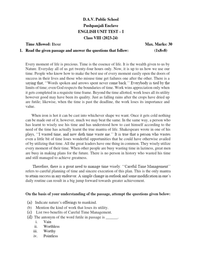 Ut 1 Class Viii 23 24 Pdf 