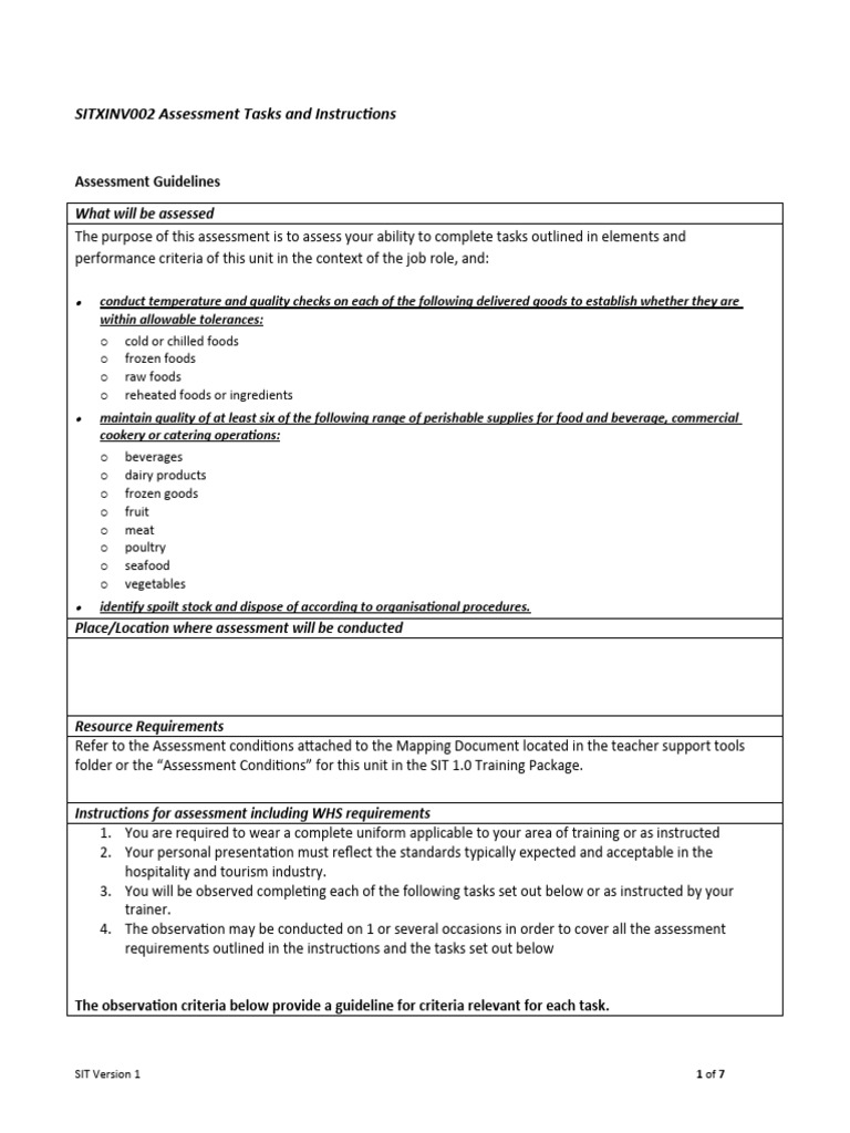 SITXINV002 Assessment 2 - Practical Observations.v1.0 | PDF