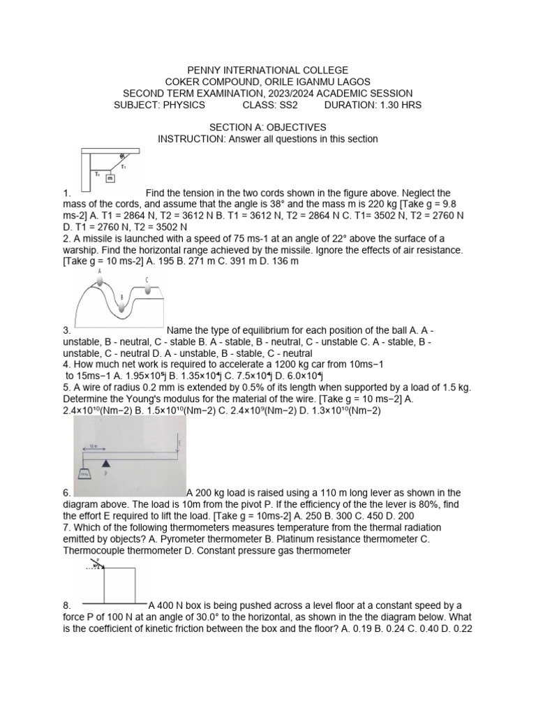 Physics Exam ss2 2nd Term | PDF | Electron | Force