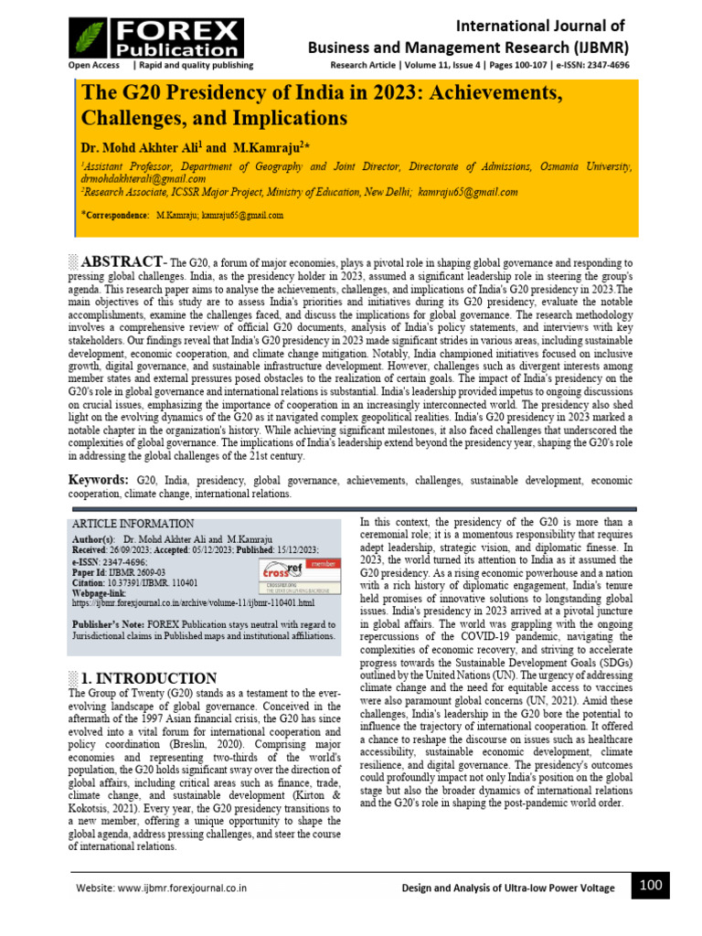 The G20 Presidency of India in 2023 Achievements C | PDF | Governance | Sustainability