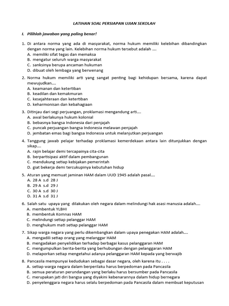 Latihan Soal Persiapan Ujian Sekolah 2024 | PDF
