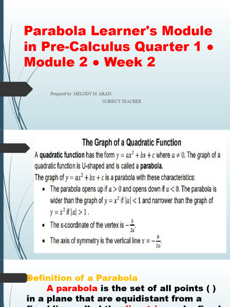 Parabola Learners Module in Pre Calculus Quarter 1 1Q W1 SY 2023 24 | PDF | Teaching Methods ...