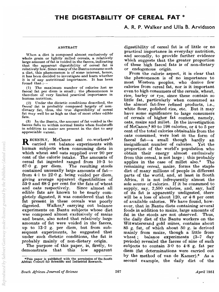 Walker 1951 The Digestibility of Cereal Fat | PDF | Cereals | Fat