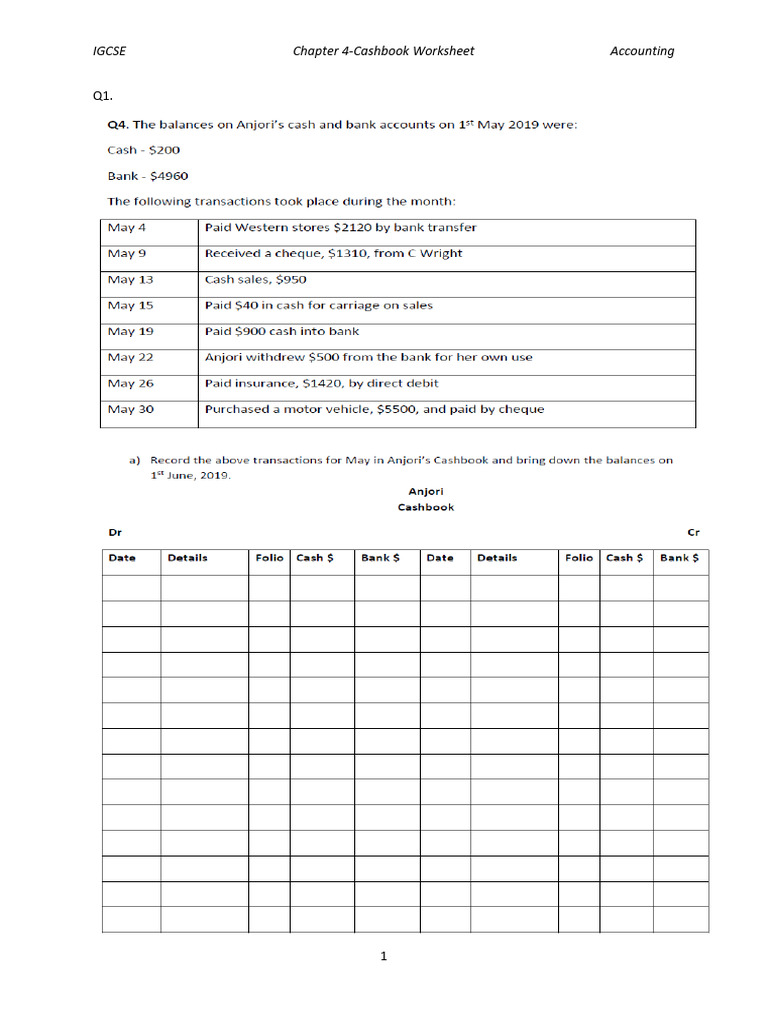 IGCSE Cashbook Worksheet Guide | PDF