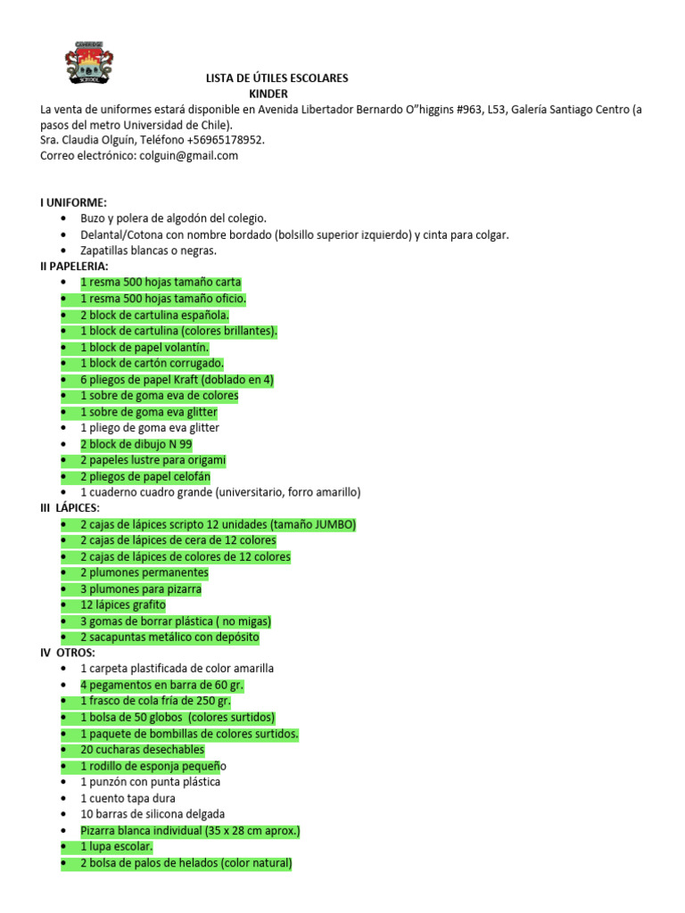 Lista de Útiles Kinder | Descargar gratis PDF | Papel | Productos de madera