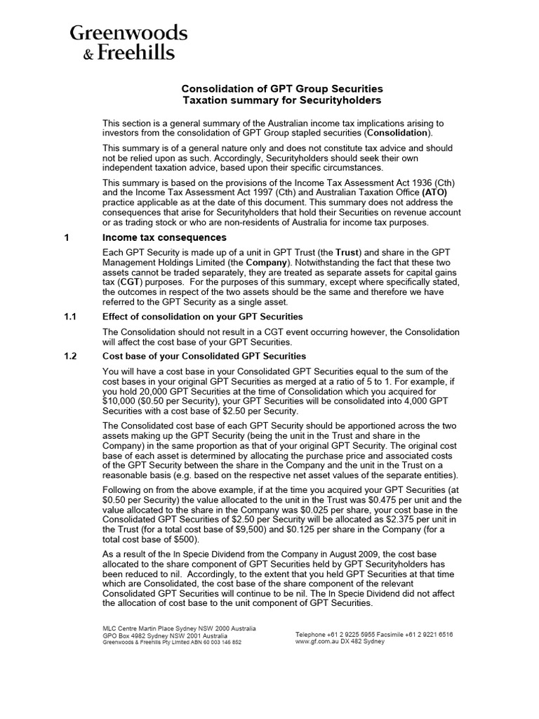 GF - Consolidation of GPT Group Securities | PDF | Taxes | Securities (Finance)