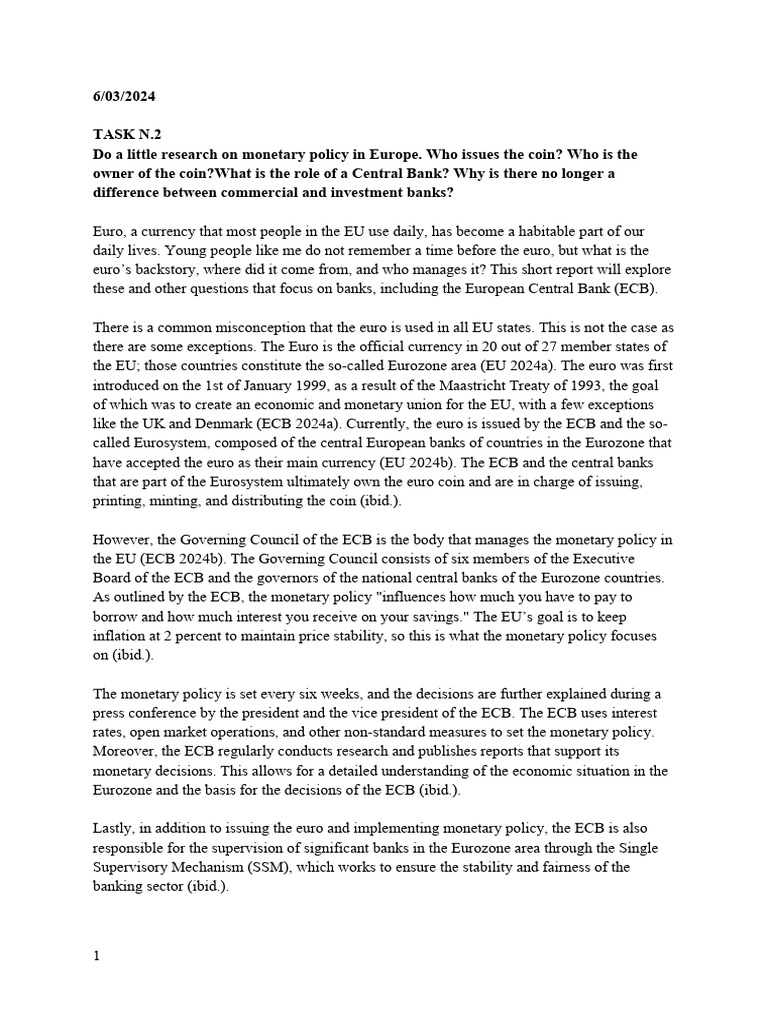 Task 2 Monetary Policy in The EU | PDF | European Central Bank | Euro Task 2 Monetary Policy in The EU | PDF | European Central Bank | Euro