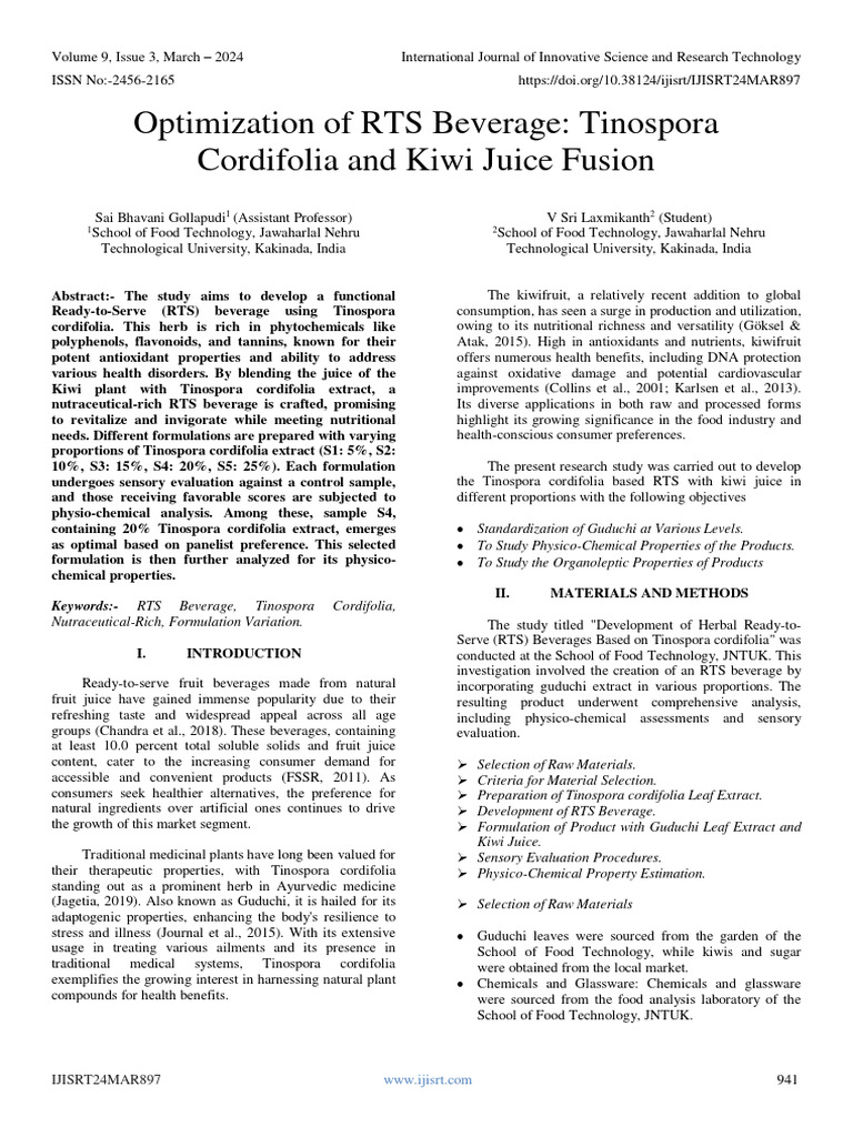 Optimization of RTS Beverage: Tinospora Cordifolia and Kiwi Juice Fusion | PDF | Juice | Diet ...