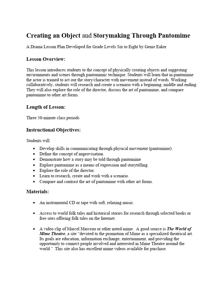 Pantomime Lesson Plan | PDF | Improvisation | Improvisational Theatre