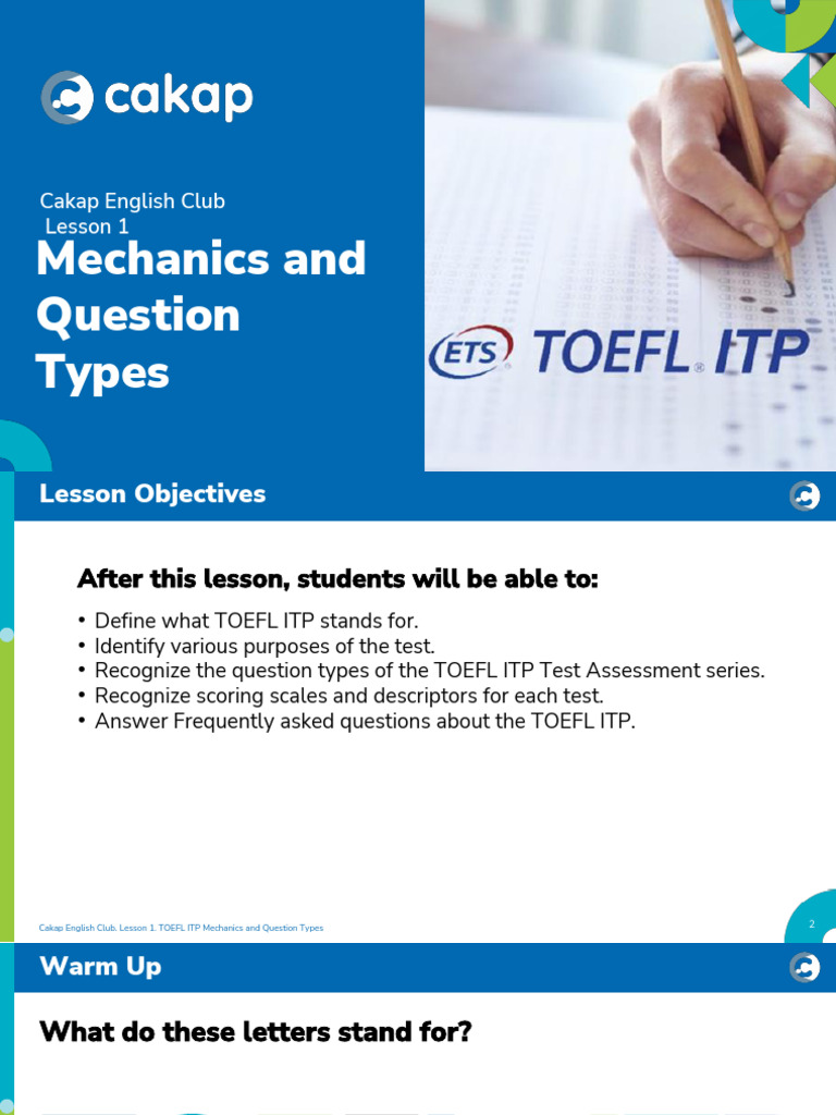 Lesson 1. TOEFL ITP Mechanics and Question Types | PDF | Test Of ...