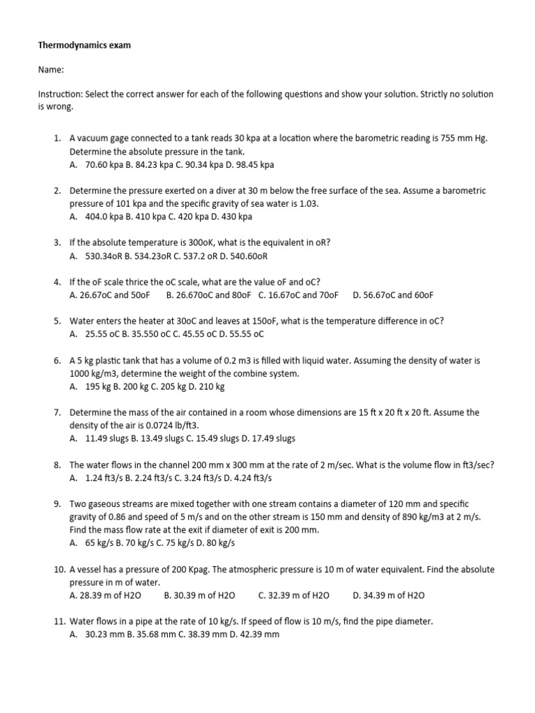 Thermodynamics-quiz-exam (1) | PDF | Pressure | Water