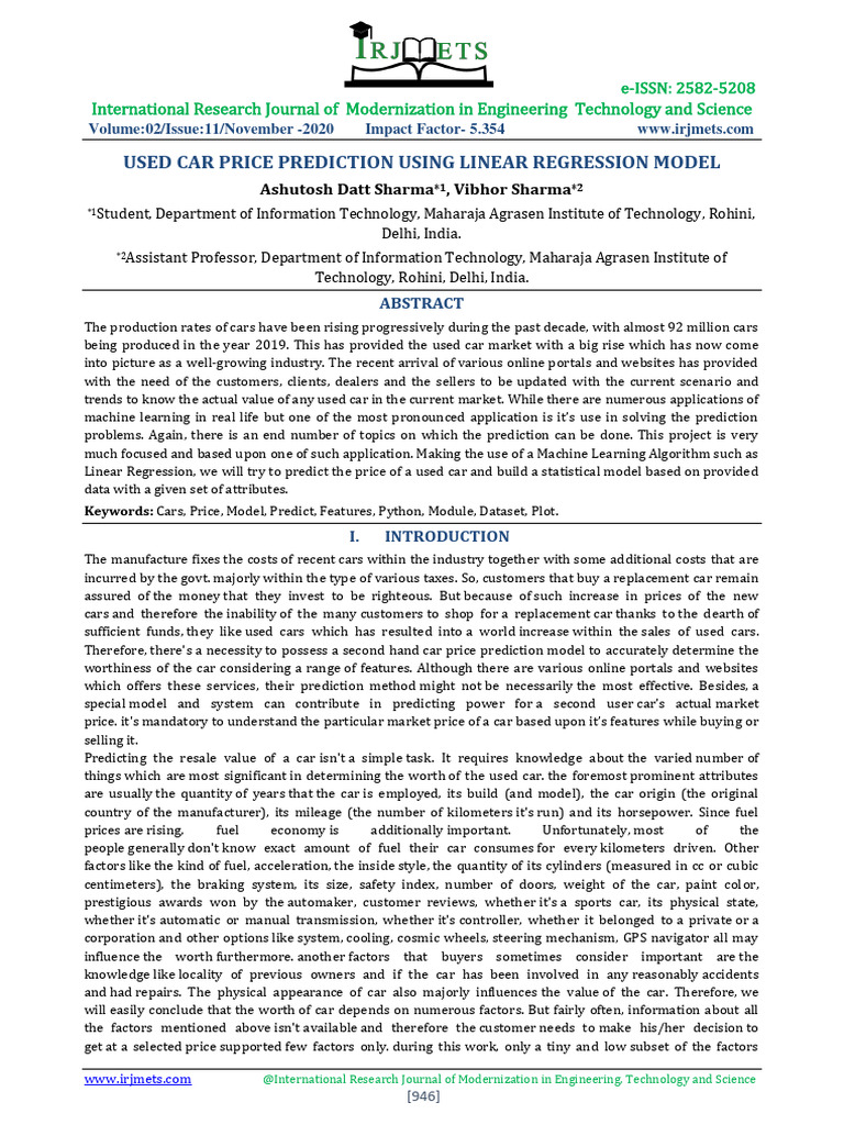 Used Car Price Prediction Using Linear Regression Model | PDF | Linear Regression | Car