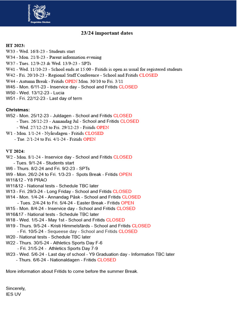 23 - 24 Important Dates-Updated | PDF