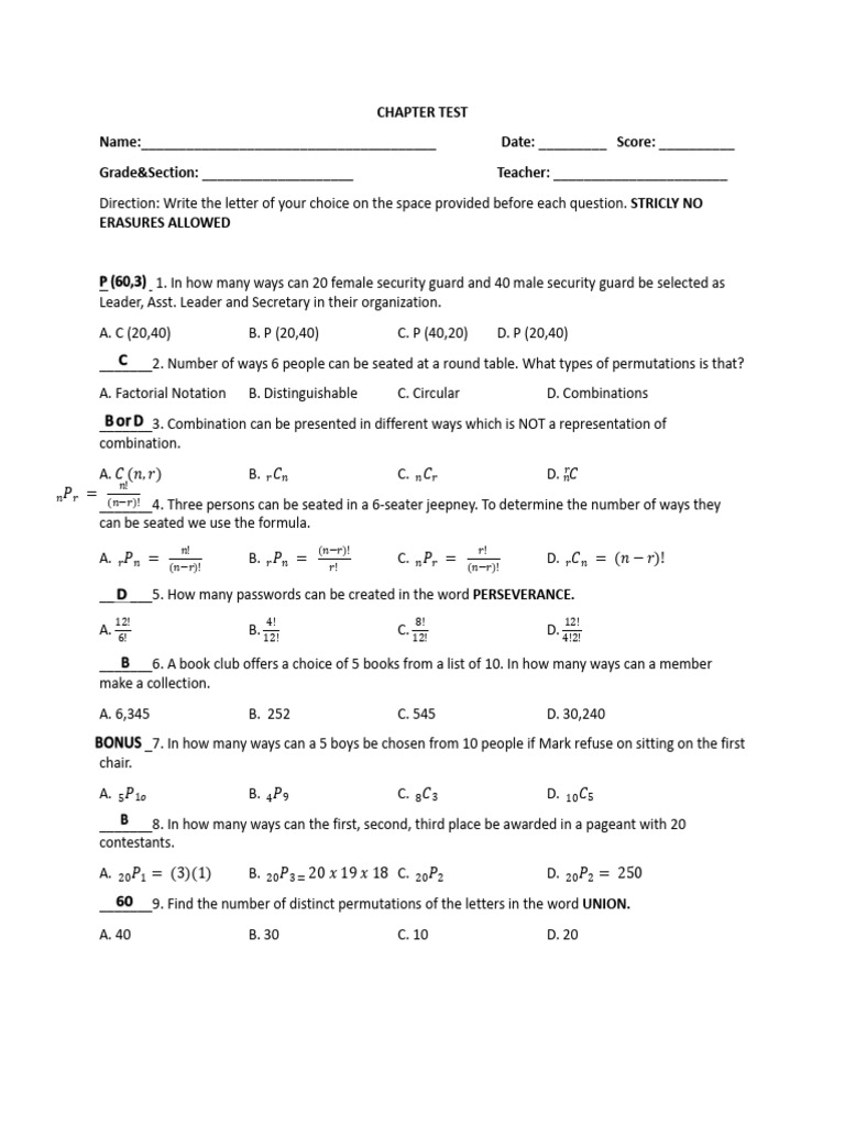 Reviewer Unit Test Answer Key | PDF | Probability | Permutation