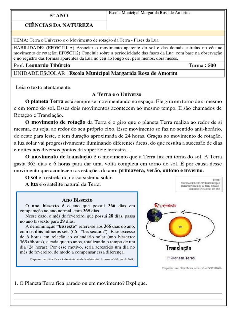 Atividade 13 5 o Ano Ciencia Da Natureza Tema Terra e Universo e o Movimento de Rotacao Da Terra ...
