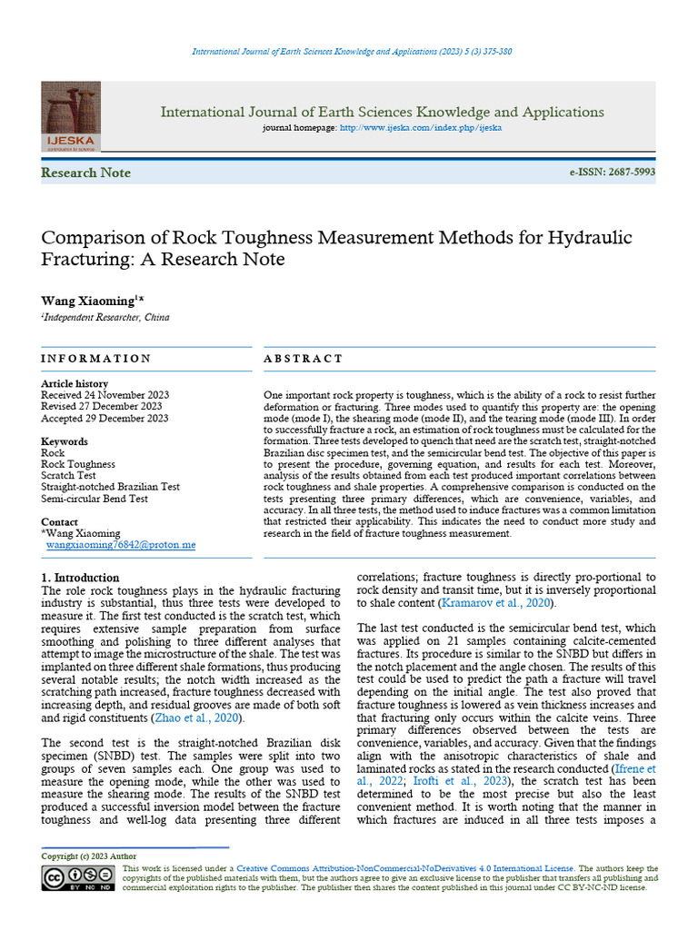 Comparison of Rock Toughness Measurement Methods For Hydraulic Fracturing - A Research Note ...