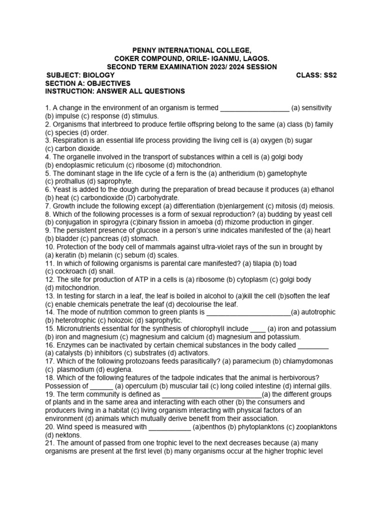 SS2 Biology Second Term Exam 2023/2024 | PDF | Cell (Biology ...