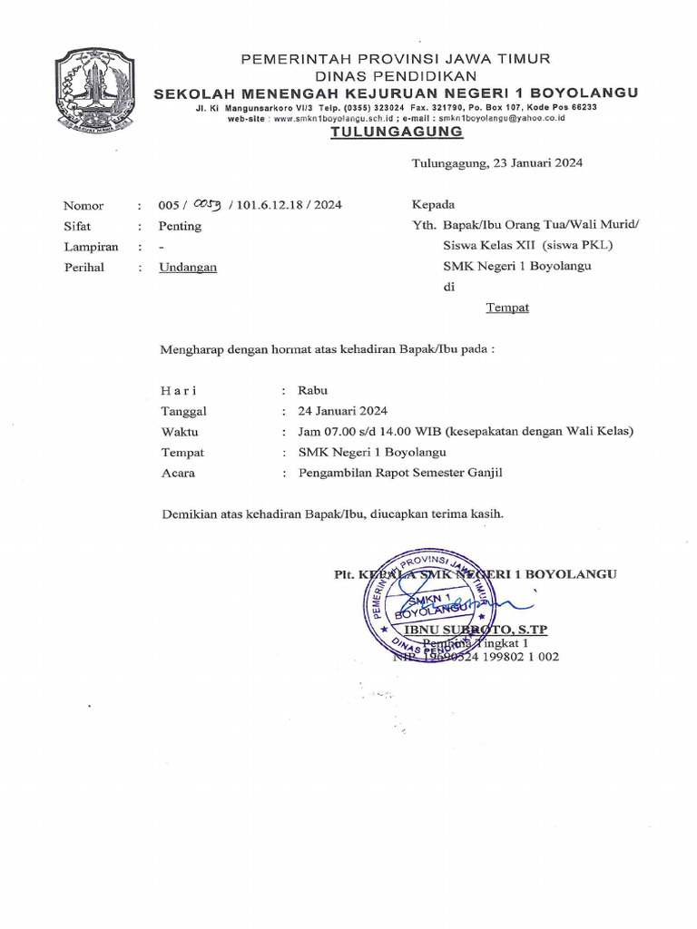 Und.pengambilan Rapot Kelas XII PKL | PDF