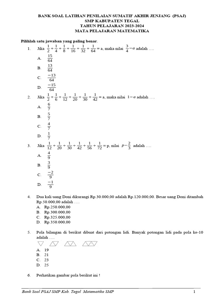 Bank Soal Latihan PSAJ Matematika SMP-2023 | PDF | Metode & Bahan Ajar
