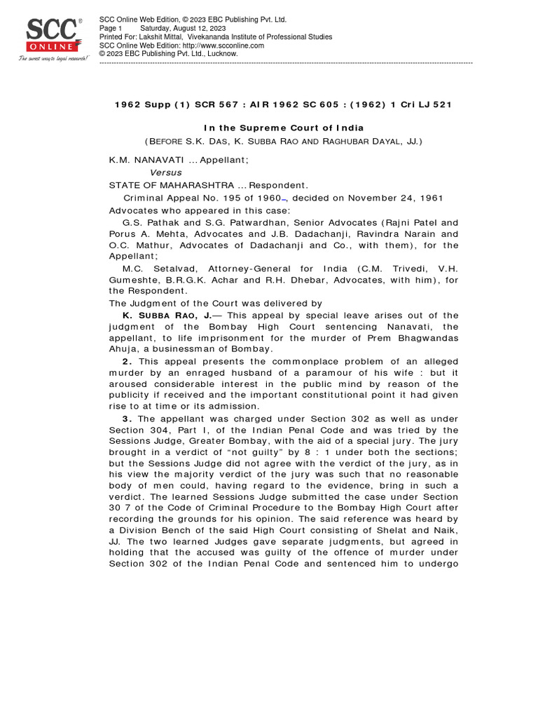 K.M. Nanavati V State of Maharashtra | PDF | Acquittal | Verdict