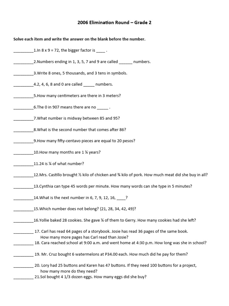 Grade 2 Math Elimination Round 2006-2008 | PDF | Area