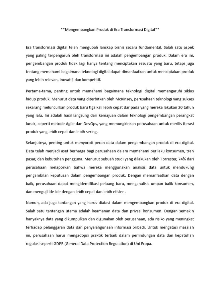 Tugas 4 - Essay Mengembangkan Produk Di Era Transformasi Digital | PDF Tugas 4 - Essay Mengembangkan Produk Di Era Transformasi Digital | PDF