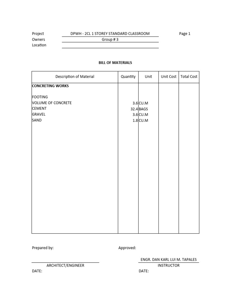 Bill of Materials Format | PDF | Concrete | Structural Engineering
