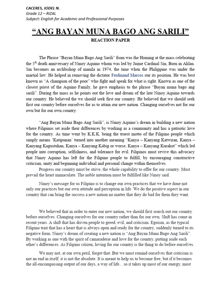 Ang Bayan Muna Bago Ang Sarili | PDF | Philippines