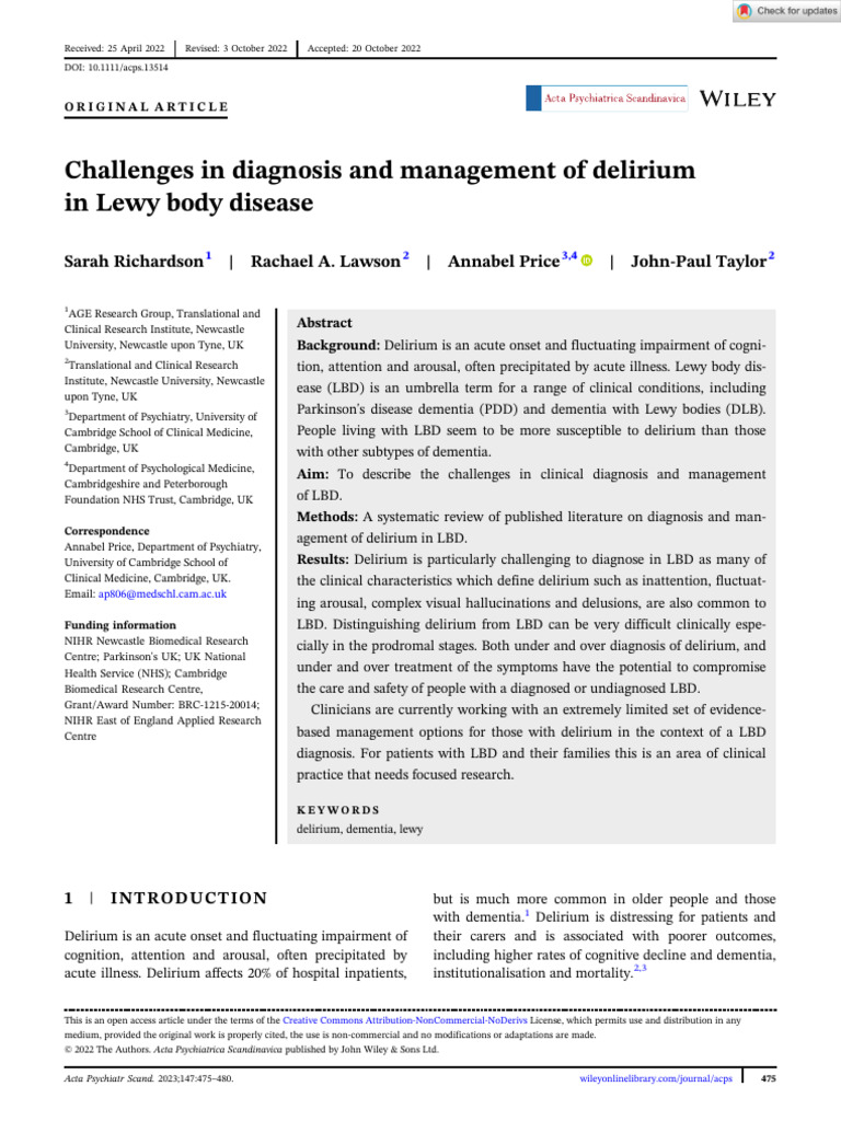 Acta Psychiatr Scand - 2022 - Richardson - Challenges in diagnosis and management of delirium in ...