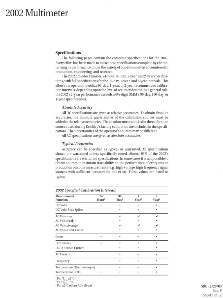 2002 Multimeter Specifications Overview | PDF | Physical Quantities ...