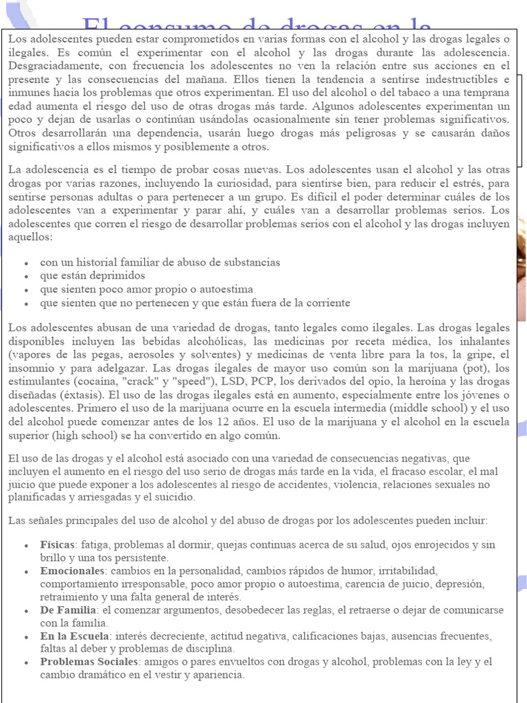 Consumo de Drogas en La Adolescencia | Descargar gratis PDF | La dependencia de sustancias ...