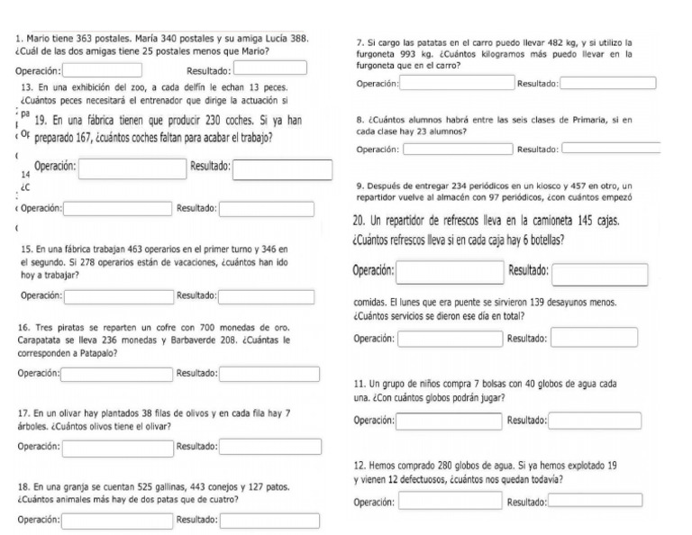 PROBLEMAS SUMAS, RESTAS, MULTIPLICACION | PDF