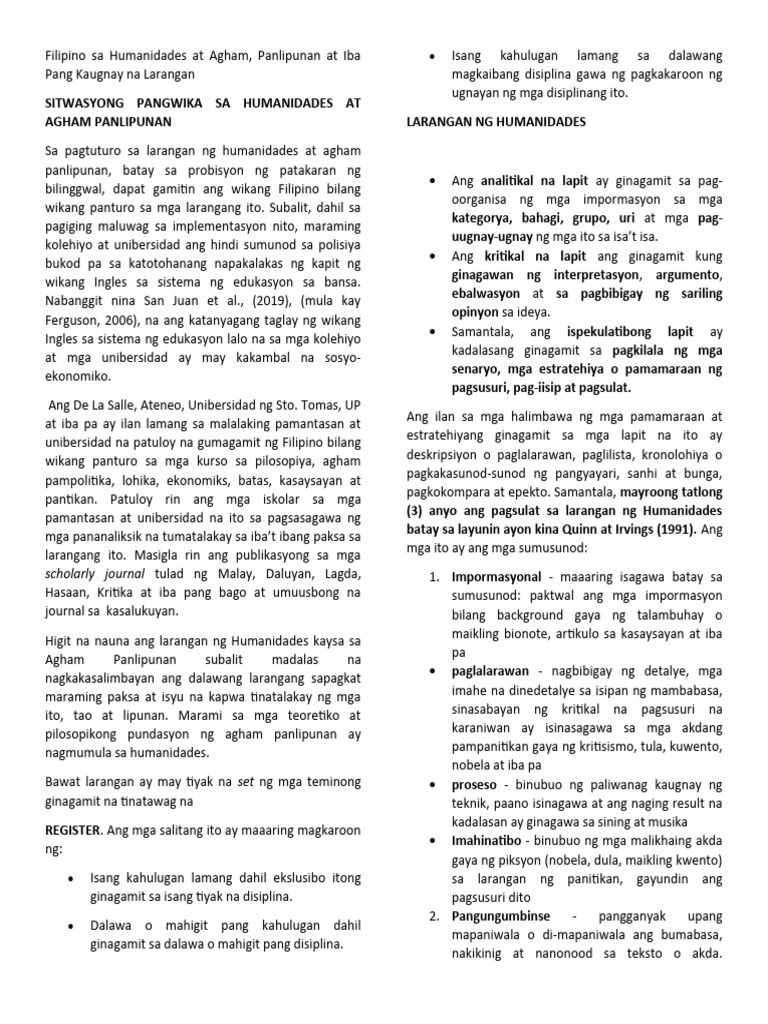 Filipino Sa Humanidades at Agham | PDF