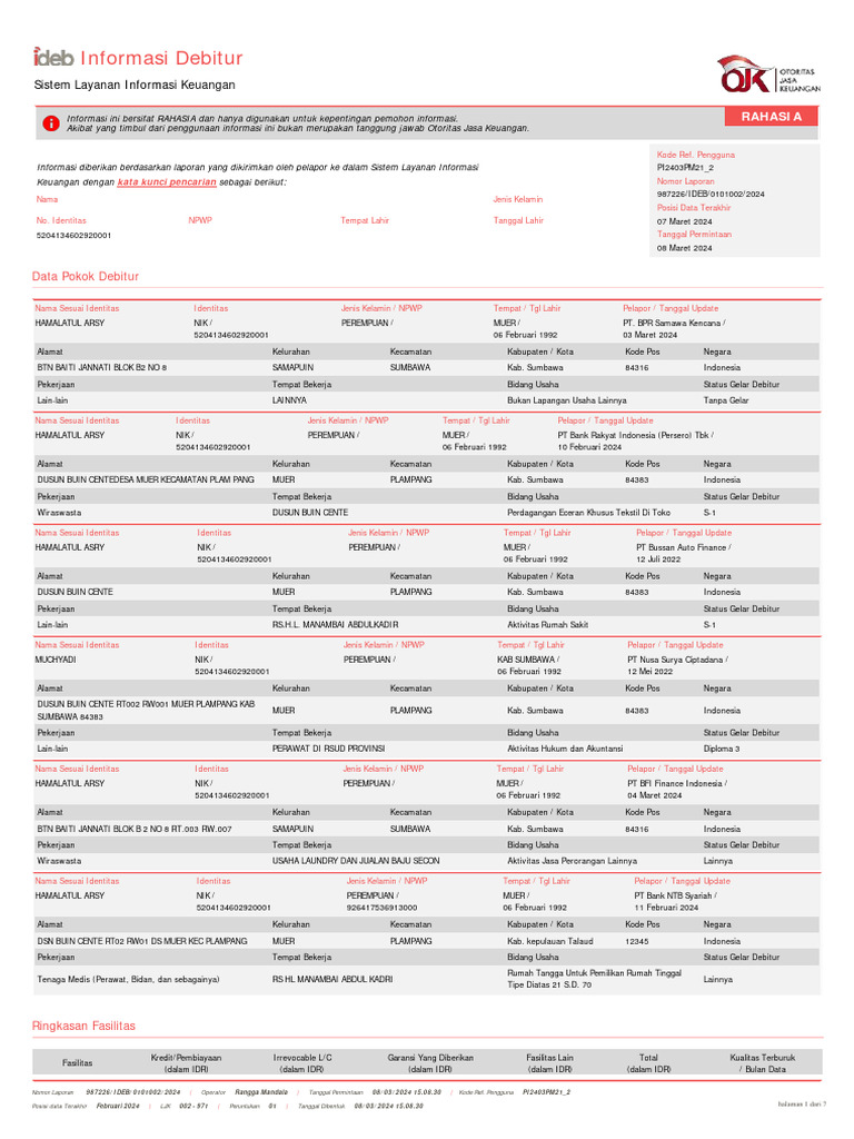 Contoh SLIK OJK Debitur Bersih | PDF