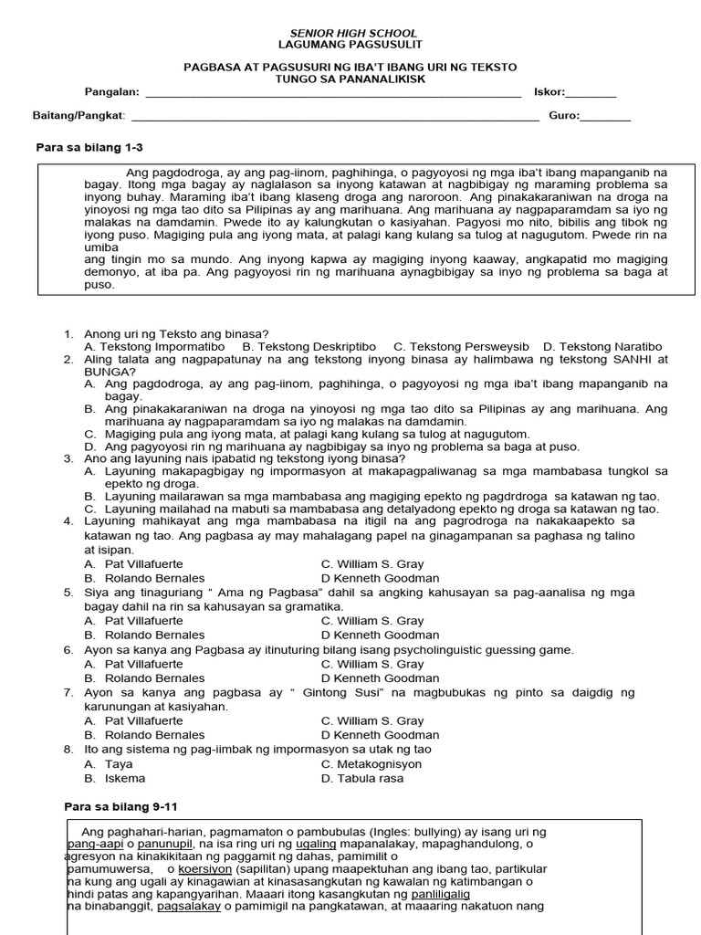Long Test Ikatlong Markahan 1 | PDF