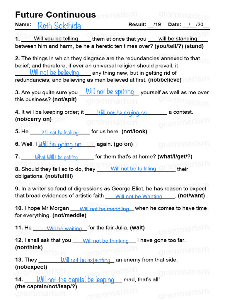 Future Continuous Tense Exercises | PDF | Language Arts & Discipline ...