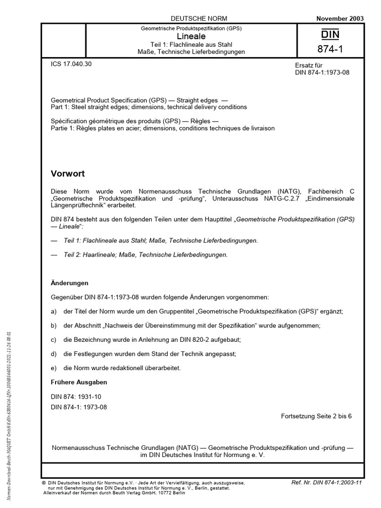 DIN 874-1 Flachlineal Aus Stahl - 2003-11 | PDF