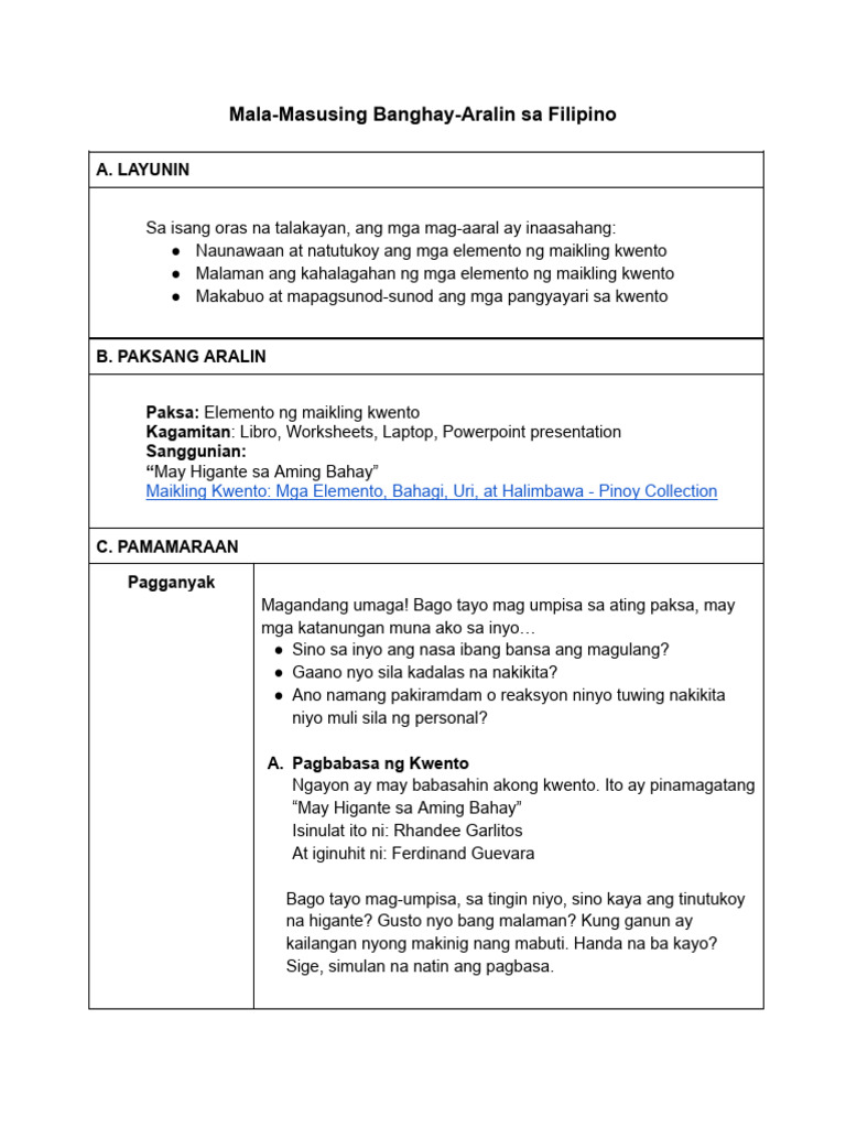 Mala-Masusing Banghay Aralin Sa Filipino | PDF