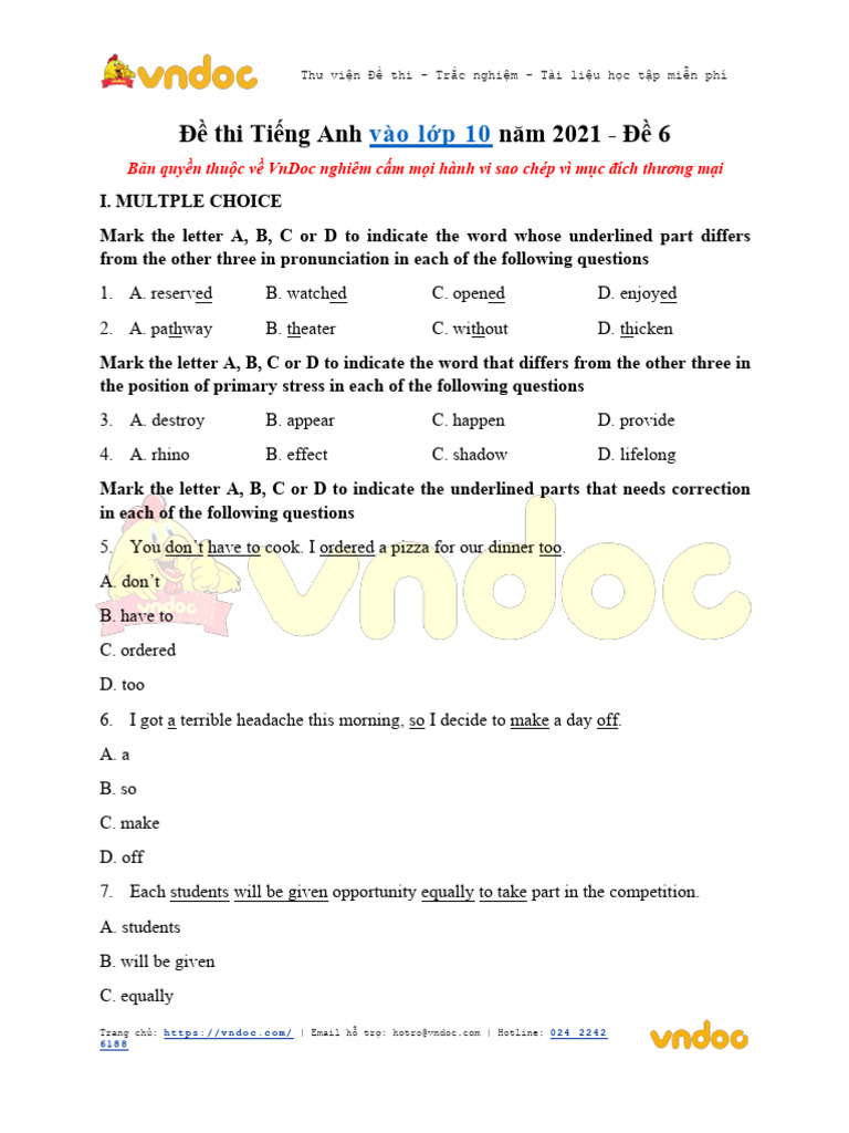 Bản sao của de-thi-tieng-anh-vao-lop-10-nam-2021-de-6 | PDF