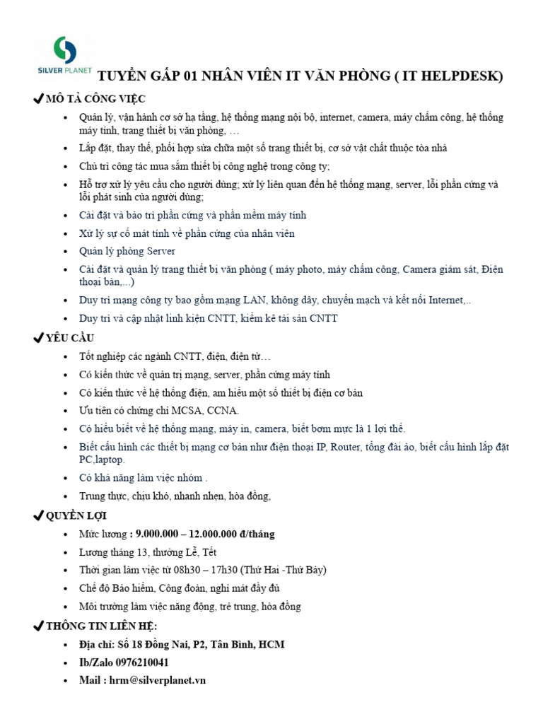 JD It Văn Phòng (Helpdesk) | PDF