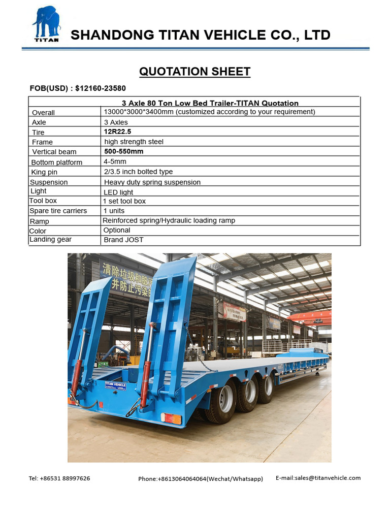 3 Axle 80 Ton Lowbed Trailer - Quotation | PDF | Axle | Trailer (Vehicle)