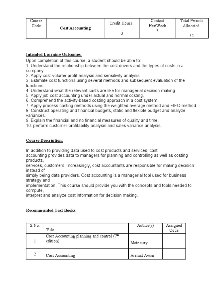 Cost Accounting Course Syllabus | PDF | Cost Accounting | Inventory