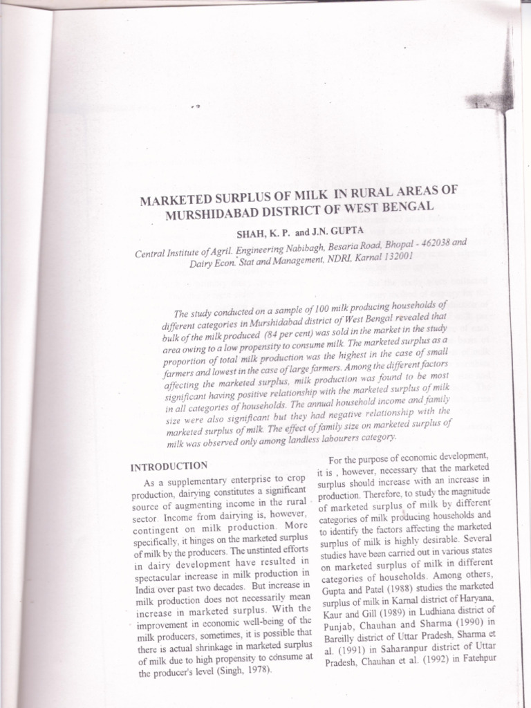 Marketed Surplus of Milk - MSD (WB) - 2001 | PDF