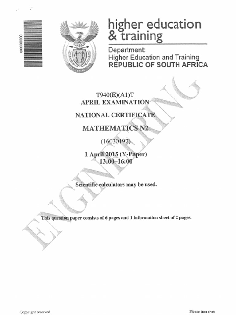 N2 Mathematics April 2015 | PDF